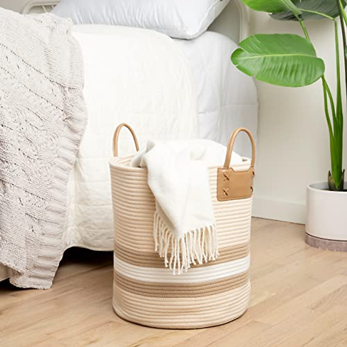 South of Maine Large Blanket Basket with Vegan Leather Handles. Cotton Rope Basket for Blankets, Laundry, Toys, Throw Pillows, Towels. Large Storage Basket for Living Room, Bedroom, Nursery. 14.5x16"