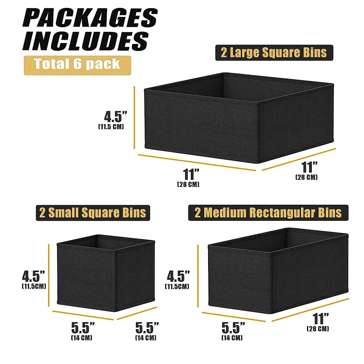 Large Storage Baskets and Drawer Organizer Set - 2 Fabric Shelf Baskets 14"x10"x9.5" & 6 Foldable Closet Divider Bins, Dark Grey - Collapsible Bins for Clothes, Toys, Nursery, Underwear