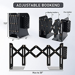 Adjustable Book Ends, Hmseng Metal Bookends Book Holders for Shelves, Desk Magazine File Organizer Holder for Office, Books, Papers, Extends up to 19 inches.Scratch-Resistant Hand Coating-Black