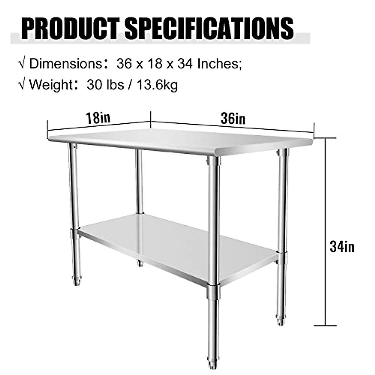 KODOM Food Prep Stainless Steel Table 36" x 18", Heavy Duty Workbench with Adjustable Under Shelf, Commercial Worktable for Kitchen, Restaurant, Home and Hotel