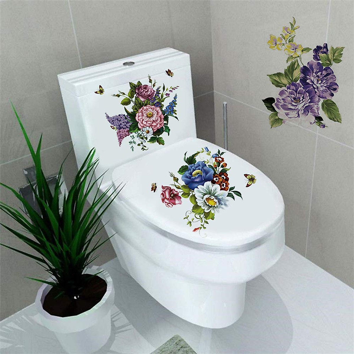 3Pcs Peony Rose Lavender Butterfly Flower Wall Stickers Beauty Flowers Decals Self Adhesive Removable Waterproof Vinyl Art Murals for Living Room Bedroom Toilet Restroom House DIY Decoration (Style D)