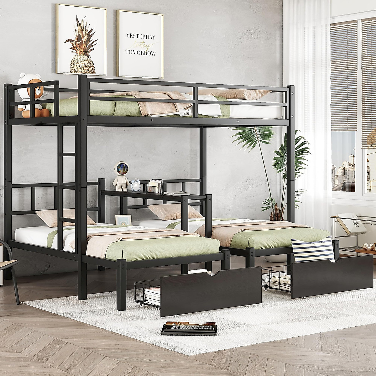 Full XL Over Twin Over Twin Bunk Bed for 3 Kids, Heavy Duty Triple Bunk Bed with Storage Drawers, Shelf, Guardrails and Ladder, Full XL Over Twin Over Twin Triple Bunk for Kids, Teens, Black