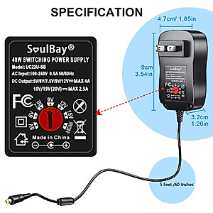 SoulBay 48W Universal AC Adapter DC 5V 6V 7.5V 9V 12V 15V 19V 20V Switching Power Supply 100-240VAC Input US Plug Transformer with 11 Tips for Household Electronics, USB-C & 5.5 * 2.1mm Included