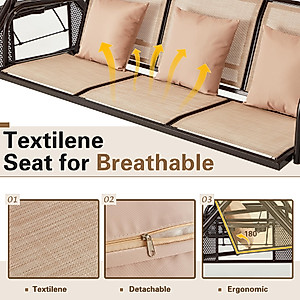 HOMREST Outdoor Porch Swing with Adjustable Canopy, Backrest, 3-Person Patio Canopy Swing Textilene Bed with Side Cup Holder, Pillow for Garden, Deck, Back Yard, Lawn (Khaki)