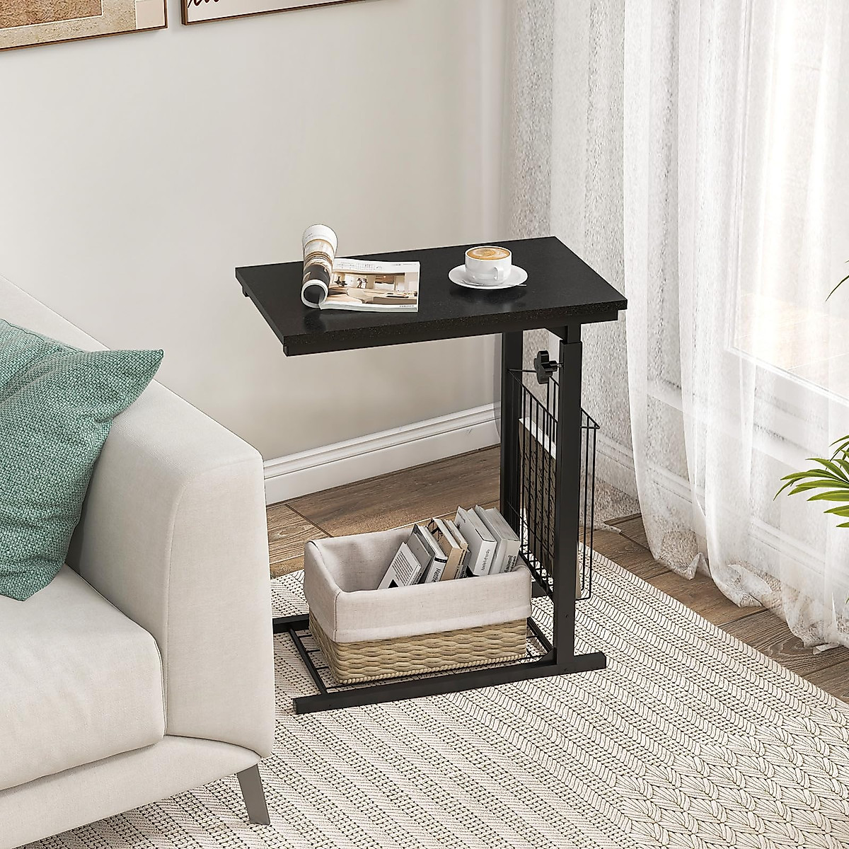 Tangkula Rolling Height Adjustable C Table, Mobile End Table with Detachable Wheels, Side Basket and Bottom Mesh Storage, Space-saving Slide Under Sofa Table for Living Room Bedroom