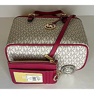 Michael Kors Jet Set Travel XS Carryall Convertible Top Zip Tote bundled with SM TZ Coinpouch and Purse Hook (Carmine Pink MK Multi)