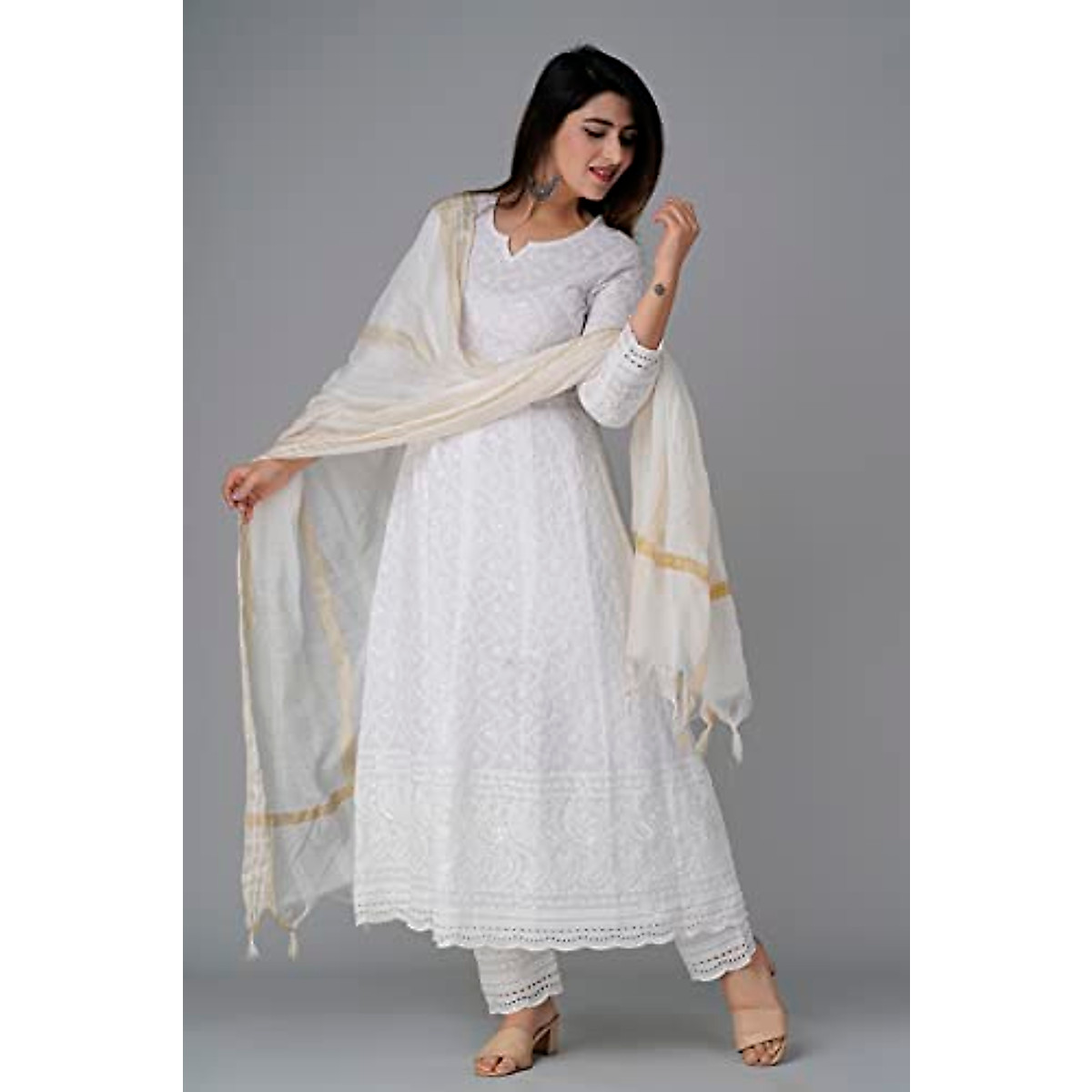 Chikankari Cotton Anarkali Indian Kurti For Women Summer Dress Kurta Pant With Dupatta Set Pakistani Long Kurta-(XXL) White