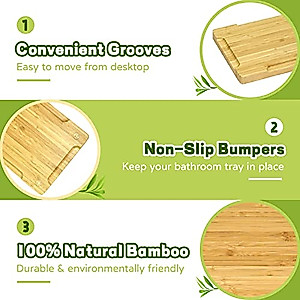 Natural Bamboo Vanity Tray, KMOTASUO Slip-Resistant Bathroom Counter Tray Toilet Tank Tray, Bamboo Tray for Bathroom Storage Tissue Soap Towel Toiletries,12.6 x 7 x 0.8 inches