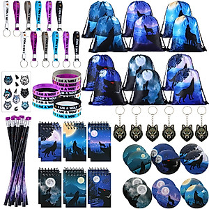 Zhanmai 90 Pcs Wolf Party Favors with Cool Wolf Bags Wolf Keychains Wolf Button Pins Mini Notebooks Rubber Bracelet Galaxy Pencils for Wolf Themed Birthday Party Baby Shower Holiday