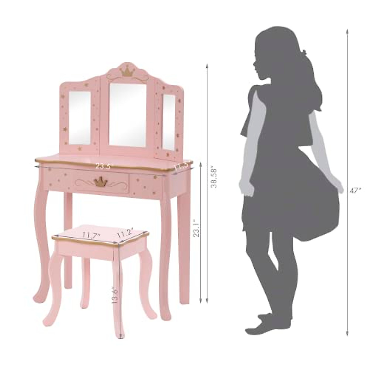 UTEX Pretend Play Kids Vanity Table and Chair Vanity Set with Mirror Makeup Dressing Table with Drawer，Play Vanity Set,Pink