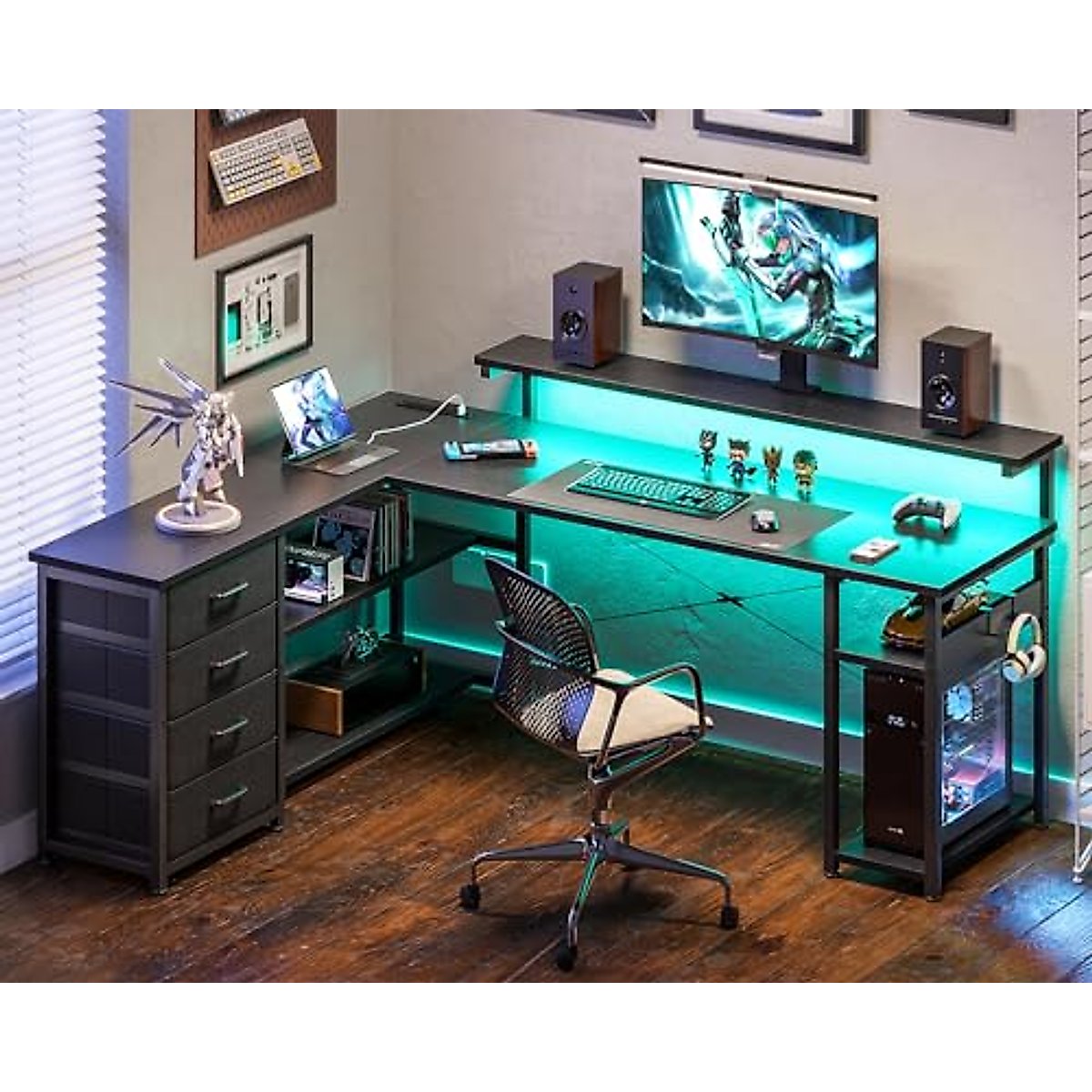AODK 61" L Shaped Desk with Drawer, Computer Desk with Power Outlets & LED Lights, Reversible Corner Gaming Desk for Home Office Workstation, Office Desk with Monitor Shelf, Pure Black