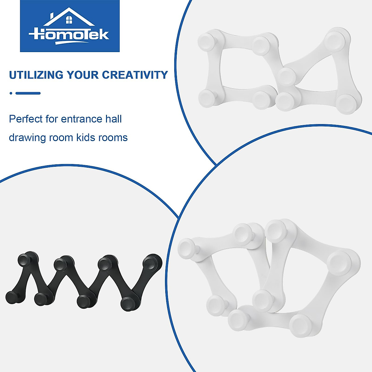 HOMOTEK Adhesive Accordion Wall Hanger Coat Hook Rack, Expandable Bathroom Towel Rack, Plastic Hanging Wall Mounted with 8 Hooks for Hats, Coat, Mugs, Scarf, Jewelry Storage,White