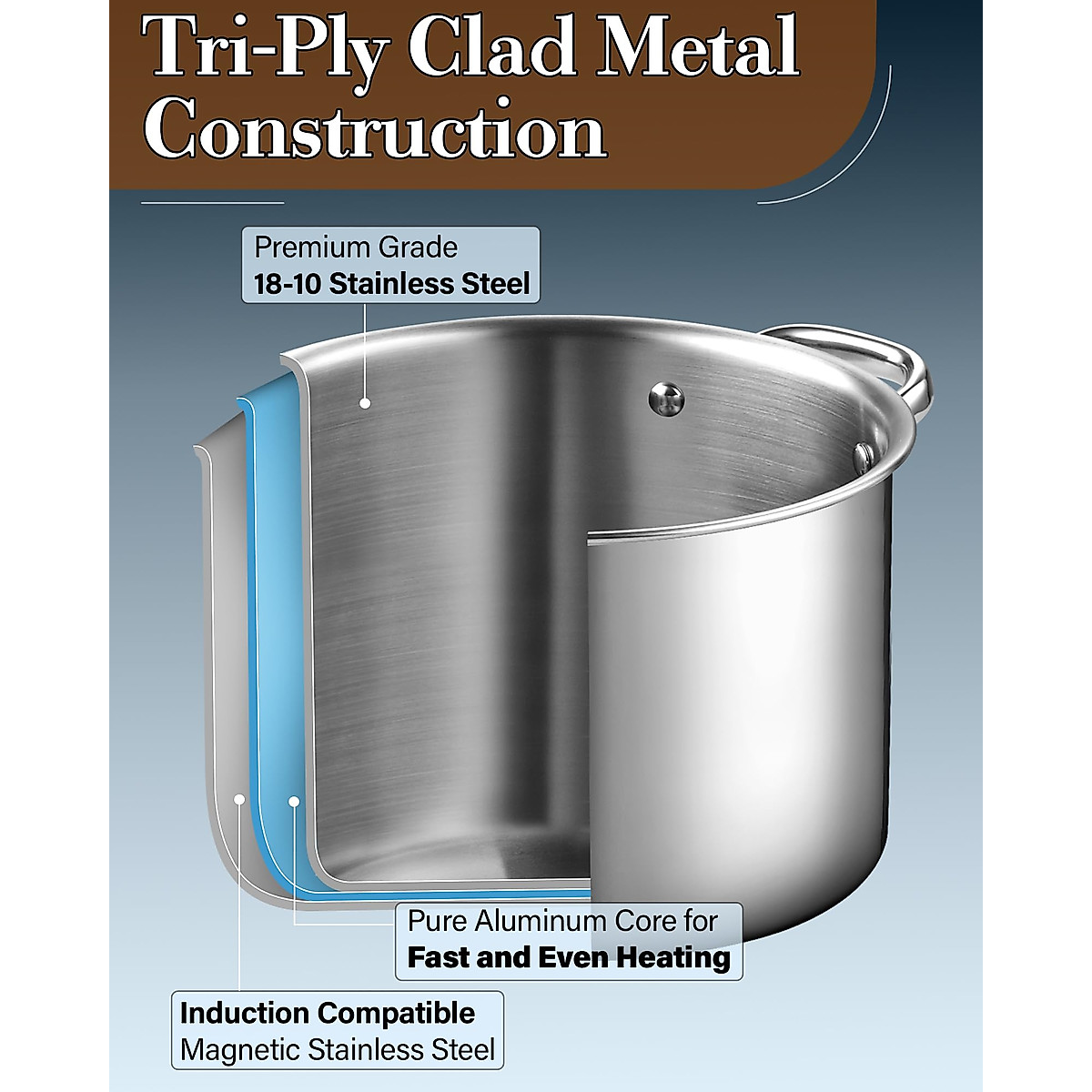 Cook N Home Stainless Steel Stockpot 8 Quart, Tri-Ply Clad Stock Pot with Glass Lid, Silver