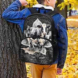 Rivatimrio Mandala Lotus Cow School Backpack Kids Aesthetic Floral Animals Bookbag Waterproof Bottle Holder Daypack Supplies for Boys Girls Teens Rucksack Black White