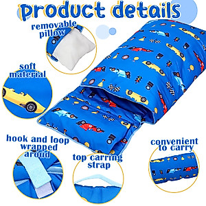 Newwiee Toddler Nap Mat Kids Sleeping Mat with Removable Pillow Blanket Toddler Sleeping Bag Rolled Sleep Mats for Girl Boy Preschool Daycare Travel Camping, 20" x 50" Fit Standard Cot (Racing Car)
