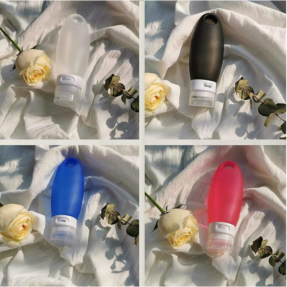 SANTREST Gym Refillable Bottles Leak Proof Camping Travel Containers with Shower Lanyard,3.3oz TSA Approved Squeezable Silicone Travel Tube Set for Gym Shampoo Lotion Soap