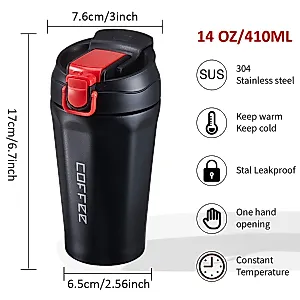 Mosdos 14oz Travel Coffee Mug with Direct Drinking and Pop-Up Straw Function, Spill-Proof Stainless Steel Coffee Cup - Keep Your Drinks Hot/Cold on the Go,Gift for Mom, Dad and More (Black