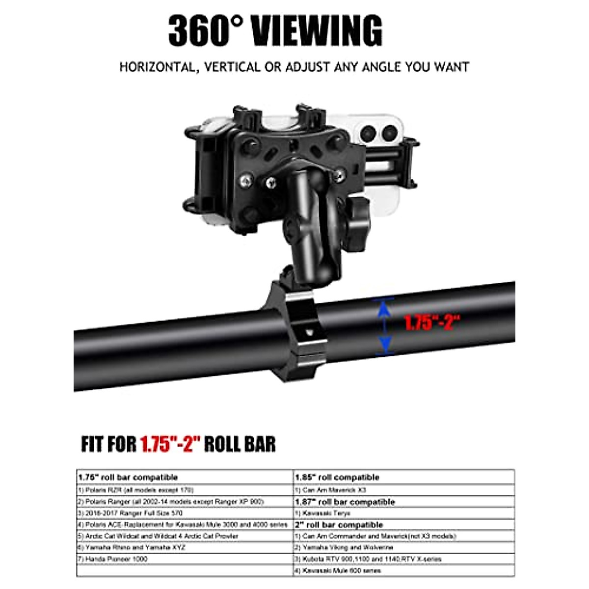 ZIDIYORUO Anti-Vibration Phone Holder for UTV/SXS Off-Road Riding, One Hand Operation Aluminum Heavy Duty Cell Phone Mount, Easy Install iPhones or 4.7"-7.1" Cell Phones on 1.75"-2" Roll Cage