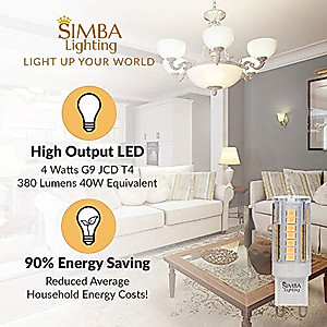 Simba Lighting G9 LED Light Bulb (5 Pack) 4W T4 40W Halogen Replacement for Pendants, Ceiling Lights, Desk Lamp, Wall Sconce, 120V JCD Bi-Pin Base Non-Dimmable, 3000K Soft White