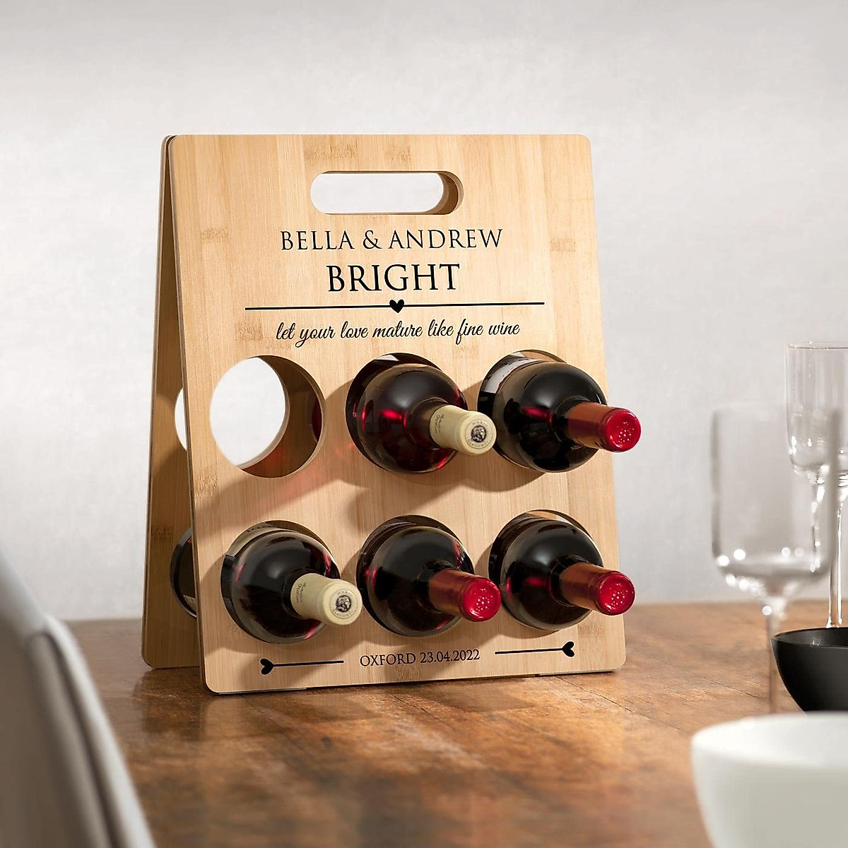 Maverton Personalized Wine Rack for Pair - Wine Holder with Overprint - Wooden Table Stand for Wedding - 6 Wine Bottles Organizer for Couple - for Anniversary - for Christmas - Love