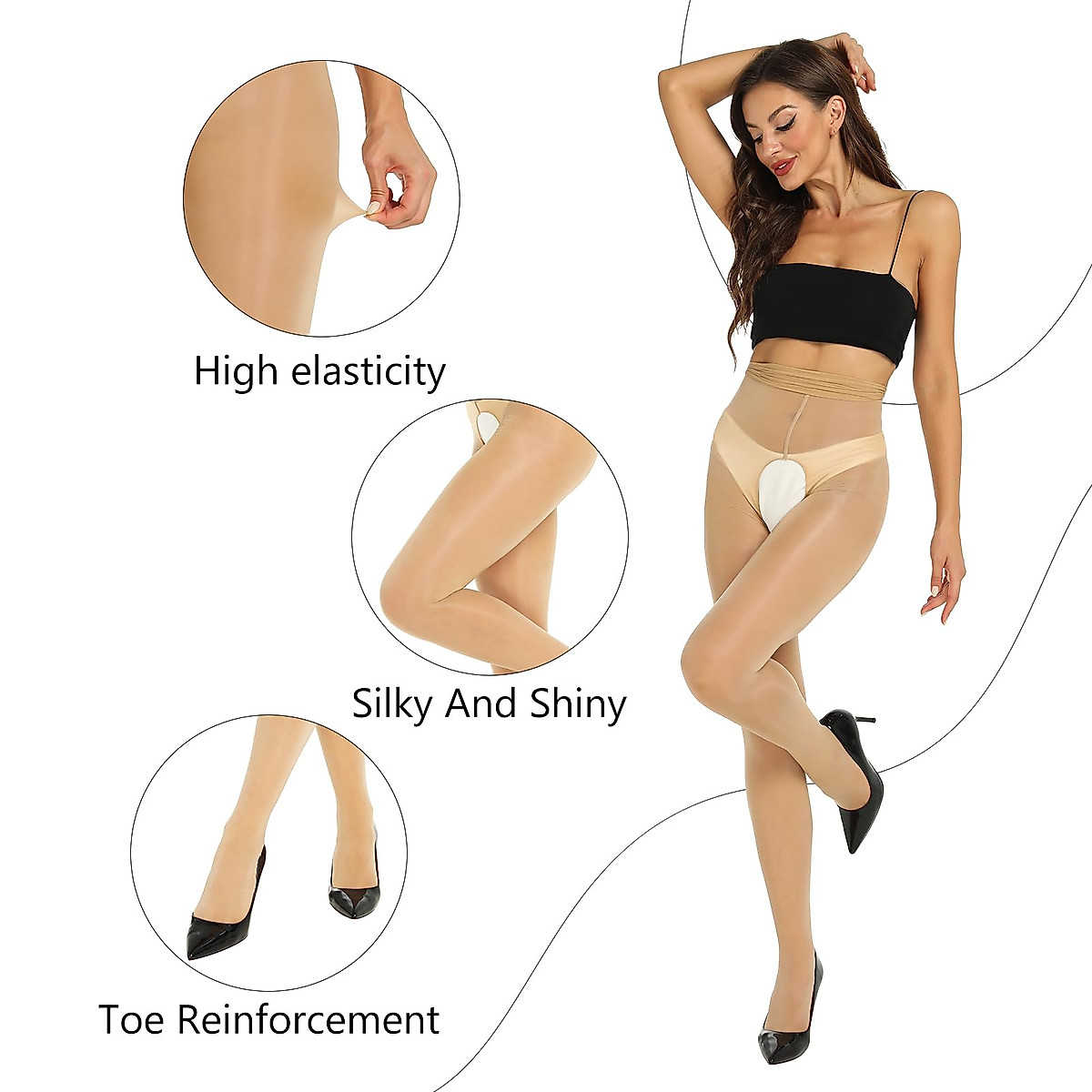 Yilanmy Shiny Sheer Tights Open Crotch pantyhose for Women High Waist shimmery tights Oil Shimmery Nylons 2 Pairs(Natural,L-XL)