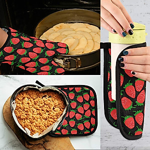Pot Holders Oven Mitts Sets - Strawberry Fruit Cooking Gloves Hot Pads Non-Slip Potholders for Kitchen Grilling Cooking