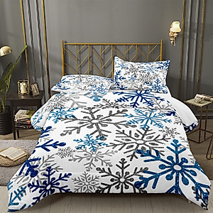 Yilinata Blue Snowflake Comforter Set Winter Christmas Frozen Printed Quilt Bedding Set with 1 Comforter and 2 Pillow Covers for Bedroom Dormroom All Season King 104x90inches