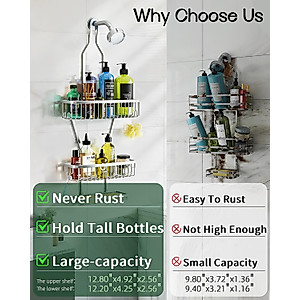Shower Caddy Hanging Bathroom Organizer: Over Head Long Rack for Tall Showerhead - Extra Large Shelf for Big Shampoo Bottles with Soap Holder
