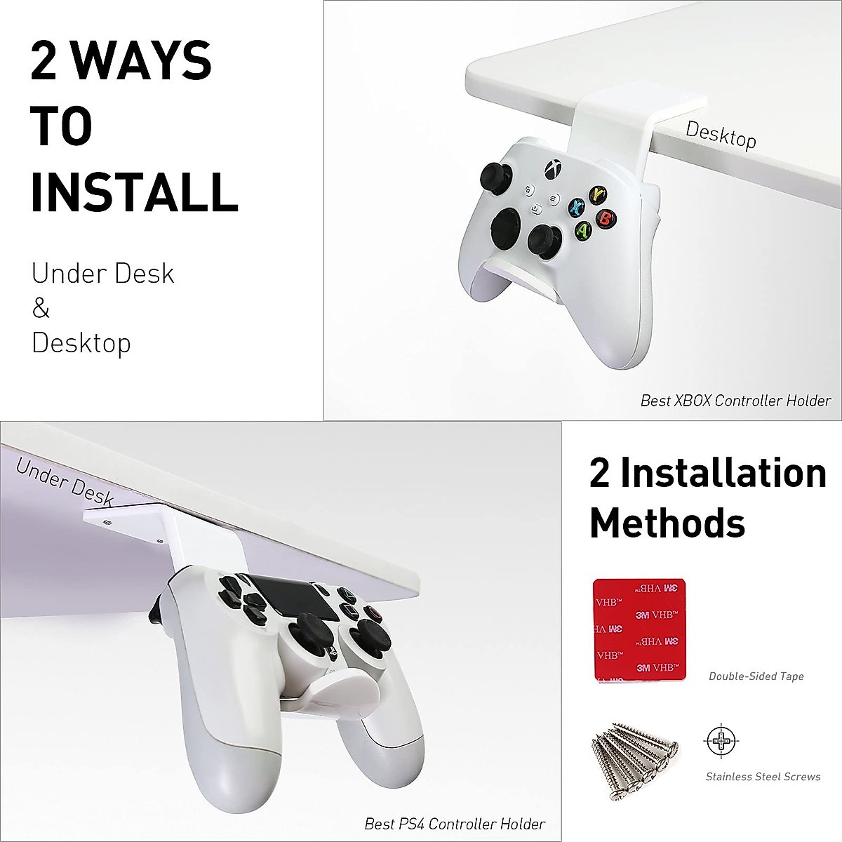 OAPRIRE Under Desk & Desktop Controller Holder Gaming Accessories (2 Pack) for Xbox ONE PS4 PS5 Switch, Universal Controller Stand with Clips (White)