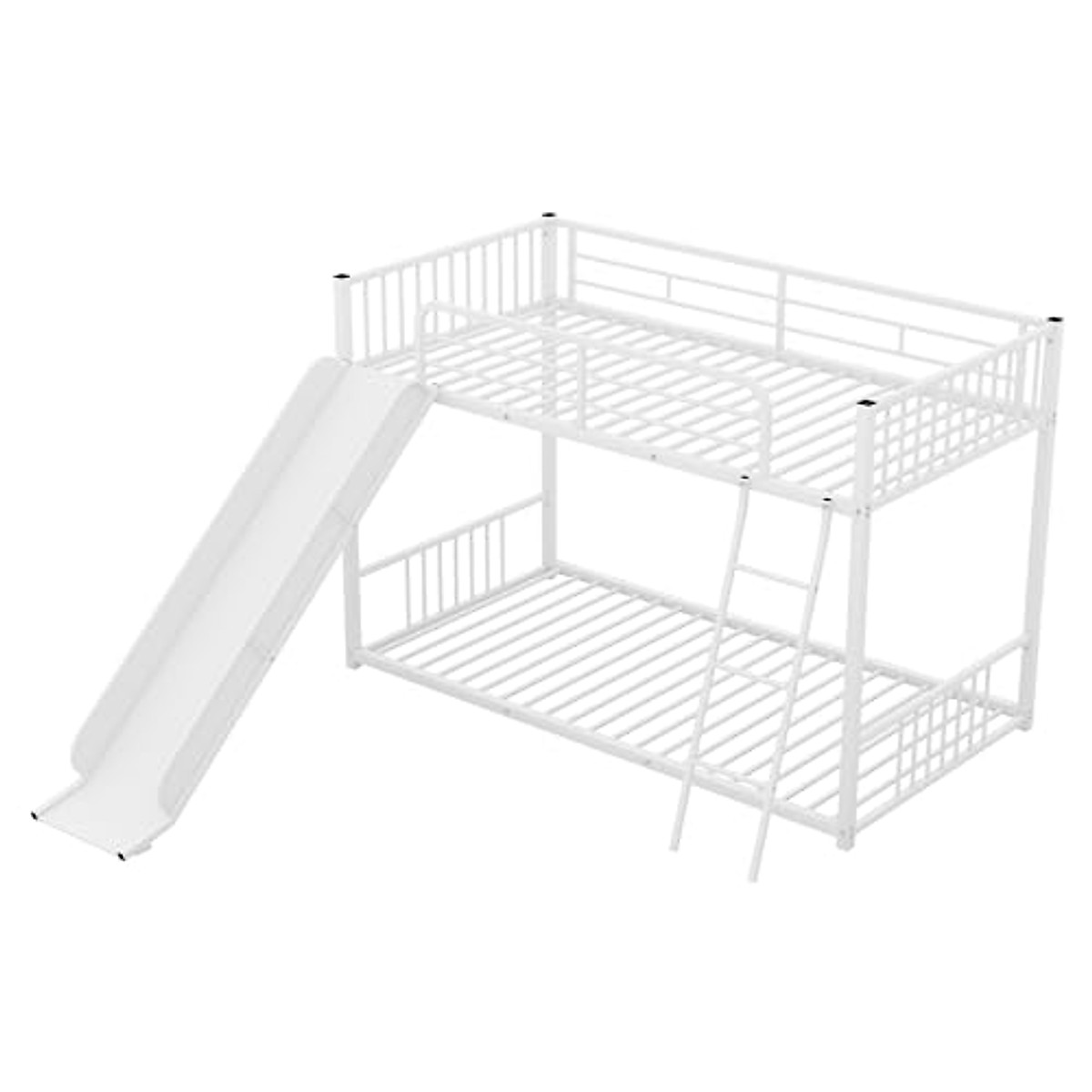 BOVZA Twin Over Twin Low Bunk Bed with Slide, Metal Bunk Bed Frame with Metal Slats Support and Guardrails for Kids Boys Girls Teens, No Box Spring Needed, White