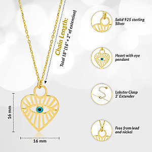 Ambica New York Heart Evil Eye Necklace for Women,14K Gold Plated Necklace with Heart Pendant,Turquoise Evil Eye Pendant Third Eye Necklace, Sterling Silver, No Gemstone