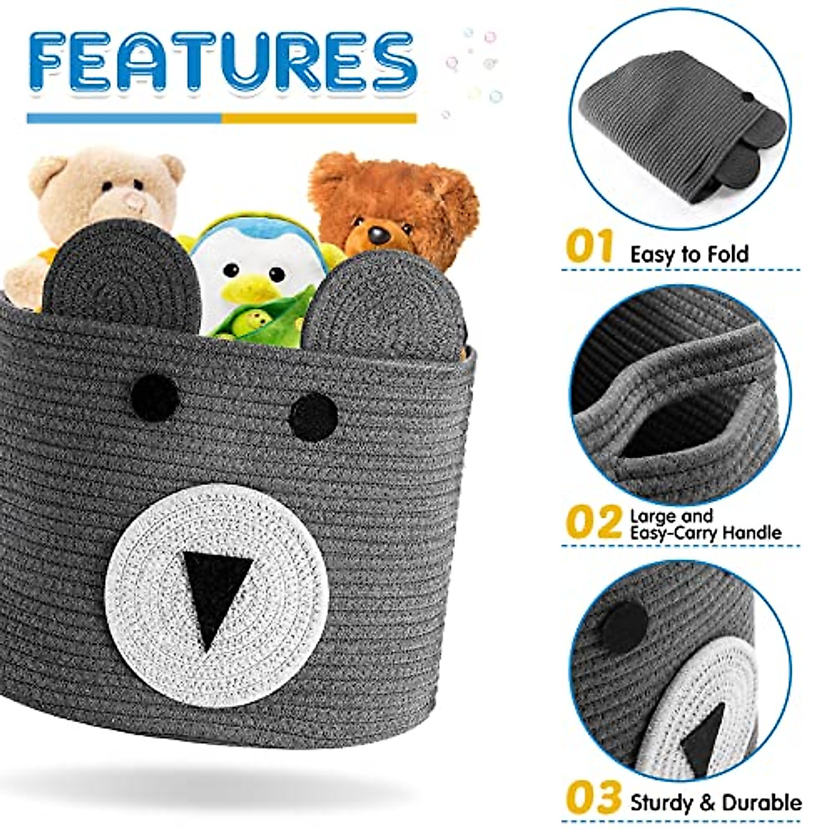 4 Pieces Cotton Rope Bear Animal Basket 2 Sizes Cute Bear Basket with Handles Cotton Rope Storage Basket Foldable Woven Storage Basket Baby Laundry Hamper Nursery Bins for Toys, Blanket, Clothes