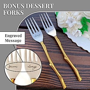 Heartfelt Homie Wedding Cake Knife and Server Set - 4 PC Cake Cutting Set with Gold Twig Leaf Handles - Pie server, Cake knife, Engraved forks for Wedding Cake Cutting - Engagement, Bridal Gifts