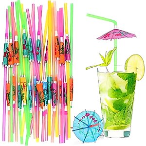 QUMENEY 100PCS Umbrella Drinking Straws, Plastic Party Drink Straws, Tropical Hawaiian Flexible Bendy Cocktail Straws Beach Luau Bar Birthday Decorations Supplies for Drinkware