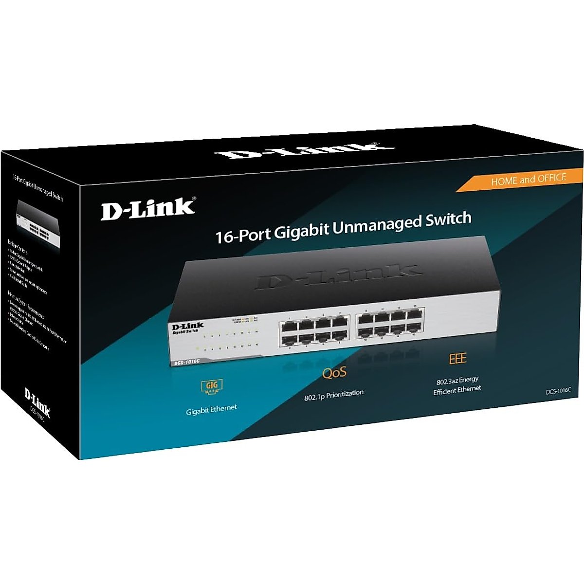 D-Link Ethernet Switch, 16 Port Gigabit Unmanaged Network Internet Hub Desktop Rackmount, Plug N Play (DGS-1016C)