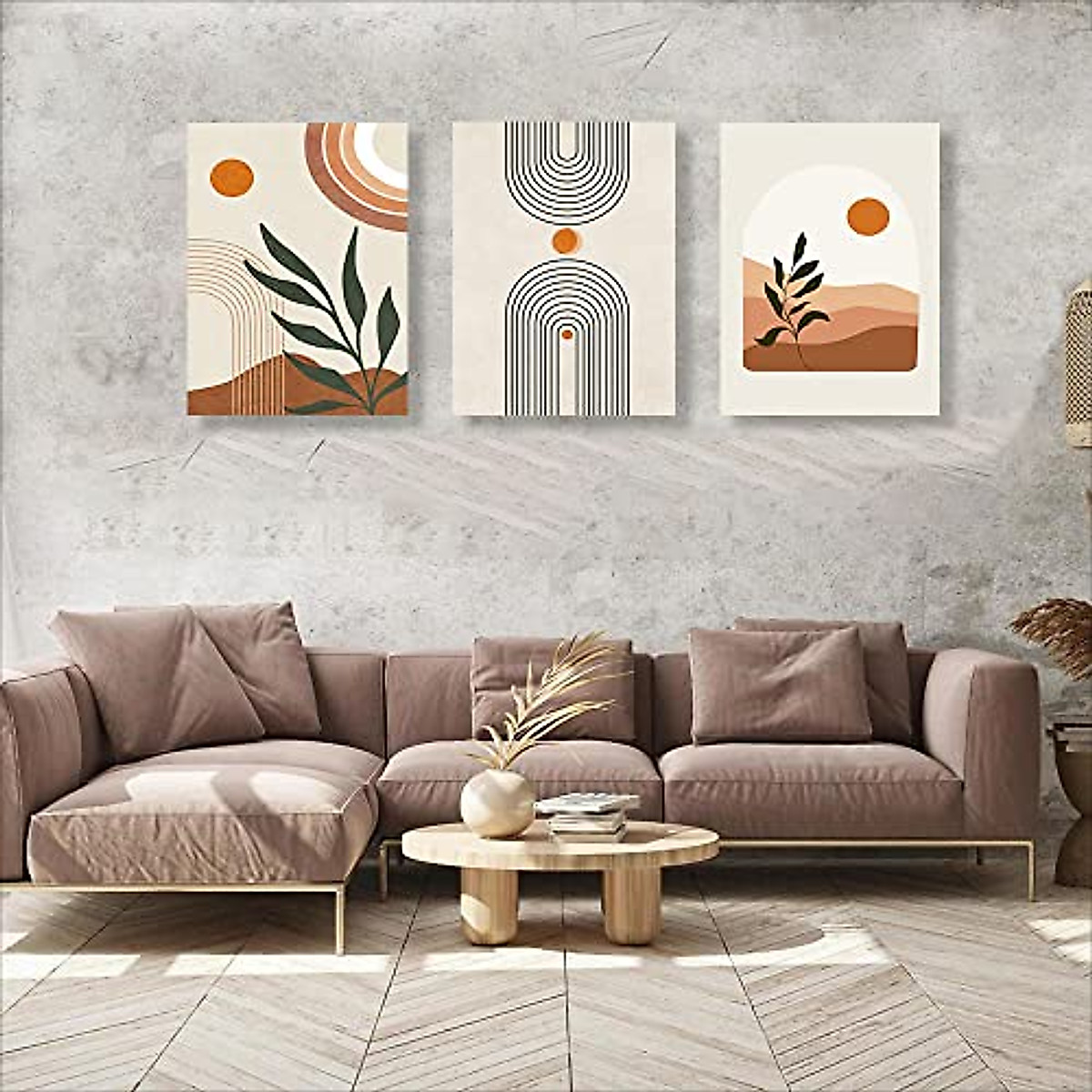 Boho Wall Art Set of 3, Mid-Century Modern Wall Prints Framed Canvas Paintings Minimalist Abstract Geometric Beige Orange Moon Plant Desert Nature Illustrations Artwork, Boho Wall Decor Ready To Hang for Living Room Bedroom Bathroom Office(12"x16")