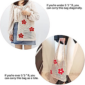 AIYUENCICI Crochet Tote Bag, Fairy Hobo Bag for Women Aesthetic Bag Y2k Purse Knitted Shoulder Bag for Girls Mesh Beach Bags (Beige)