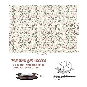 Rose Design Wrapping Paper,White Kraft Gift Wrapping Paper,4 Folded Sheets Bridal Shower Wedding Wrapping Paper with String for Women Mother's Day Birthday Anniversary Girl Gifts Wrap Paper,28*20 Inch