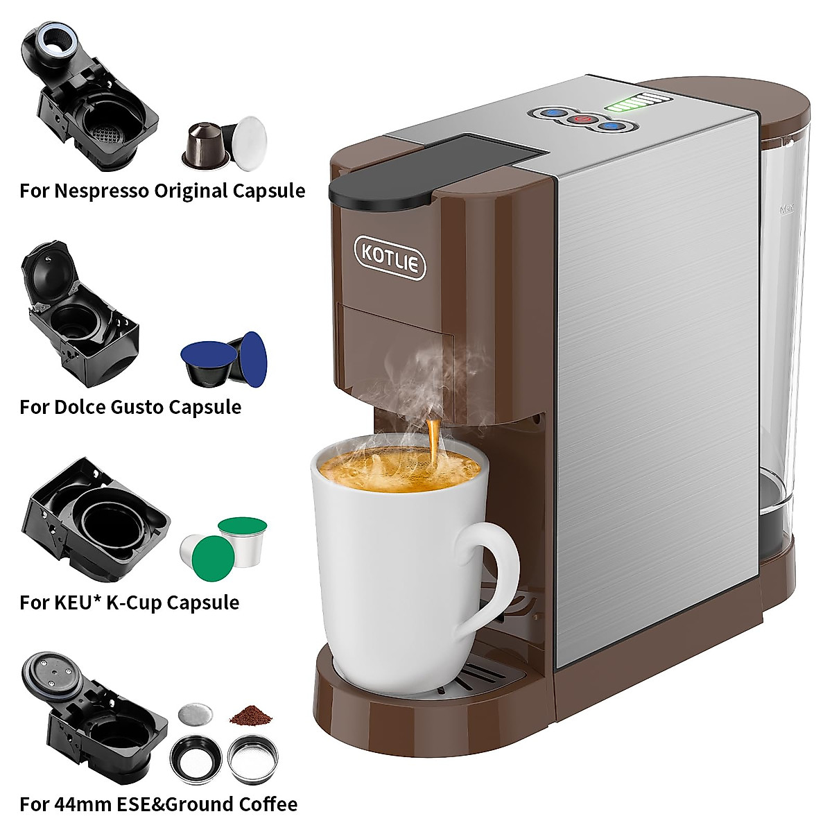 KOTLIE Multifunctional 5in1 Espresso Machine, 19Bar Pressure Single Serve Coffee Maker for NES* Original/Dolce Gusto/K cup/Ground Coffee/illy 44mm ESE, Cold&Hot Brew, Level 7 watervolume (AC-513HF)