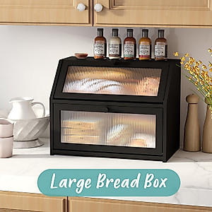 Vriccc Black Bread Box for Kitchen Counter, Large Bamboo Wood Double Layer Bread Box, Wooden Bread Storage Capacity