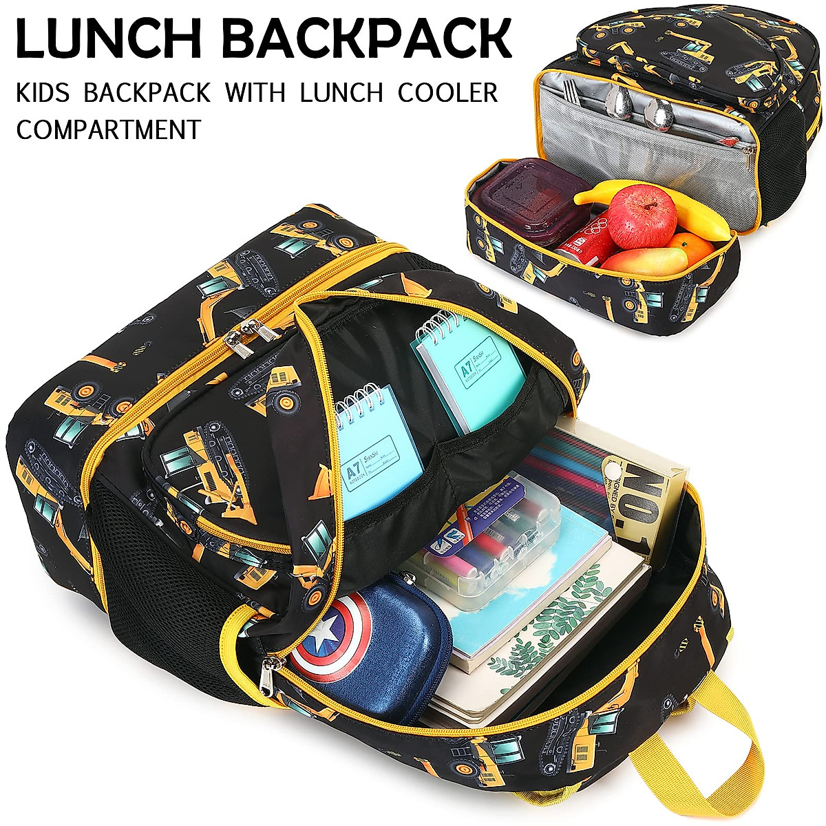LEDAOU Kids School Backpack with Lunch Cooler Compartment 2 in 1 Boys Girls Bookbag and Insulated Lunch Bag for Preschool Kindergarten Elementary (Construction Vehicle)