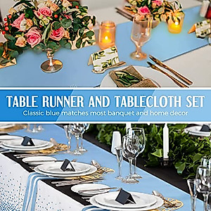 24 Packs Wedding Satin Table Runner Disposable Plastic Tablecloths 54 x 108 Inch Table Cloths for Parties Tablecloth 12 x 108 Inch Table Runners for Wedding Birthday Celebration (Blue)