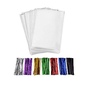 200 Pcs 10 in x 6 in(1.4mil.) Clear Flat Cello Cellophane Treat Bags Good for Bakery, Cookies, Candies,Dessert with five random color Twist Ties!