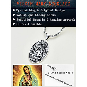 Seiyang Virgen de Guadalupe Necklace Sterling Silver Virgin Mary Pendant Miraculous Medal Pendant Religious Gift for Women Mom