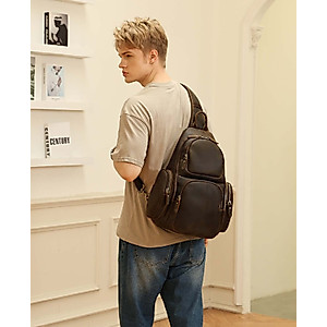 Taertii Full Grain Genuine Leather Sling Bag, Fits 14 inch Laptop, Travel Chest Crossbody Shoulder Sling Backpack Purse Daypack 17L - Brown