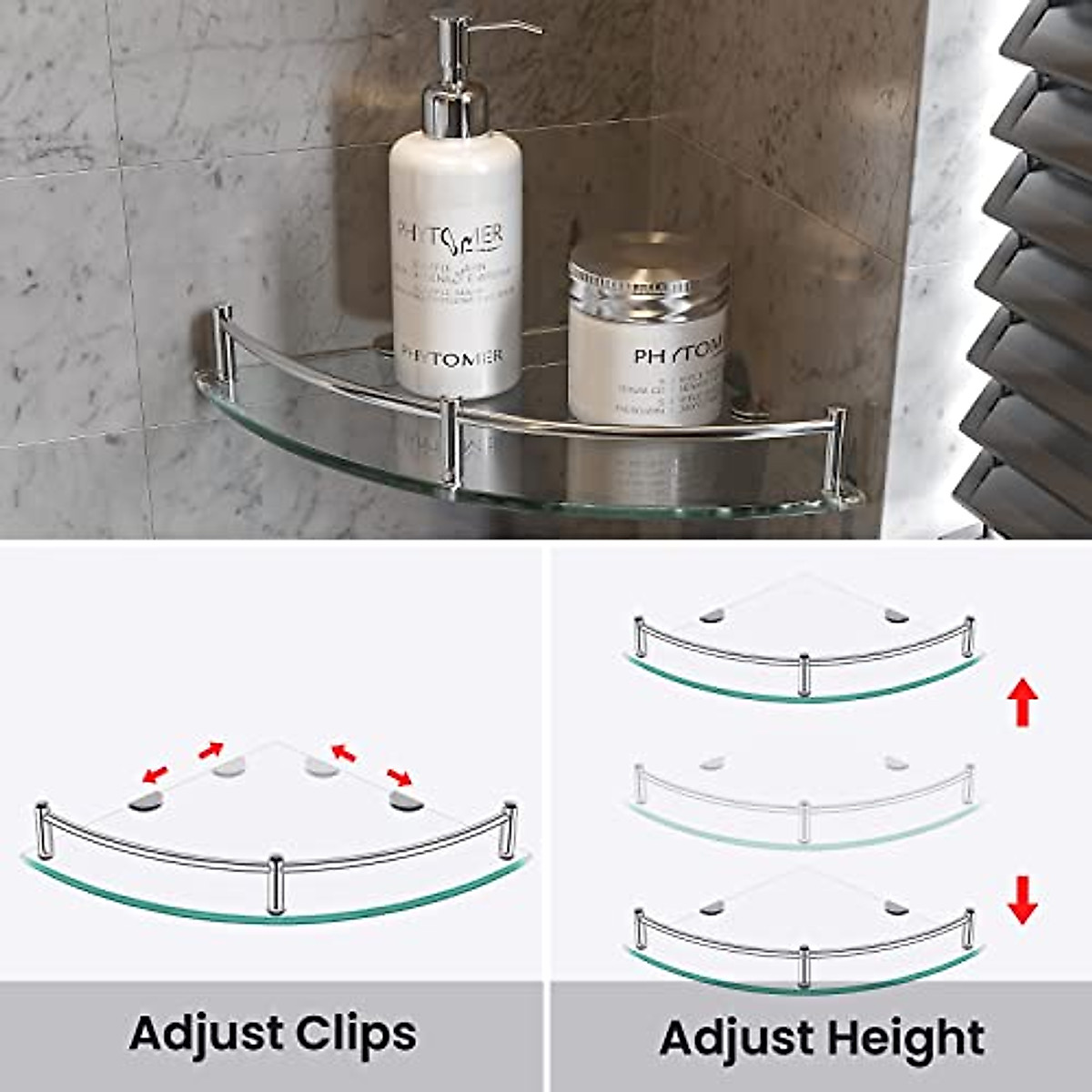 YorkHoMo Glass Corner Shelf Glass Shelves for Bathroom Shower Corner Shelf with Rail Wall Mounted Drill Hole for Inside Shower 2 Pack