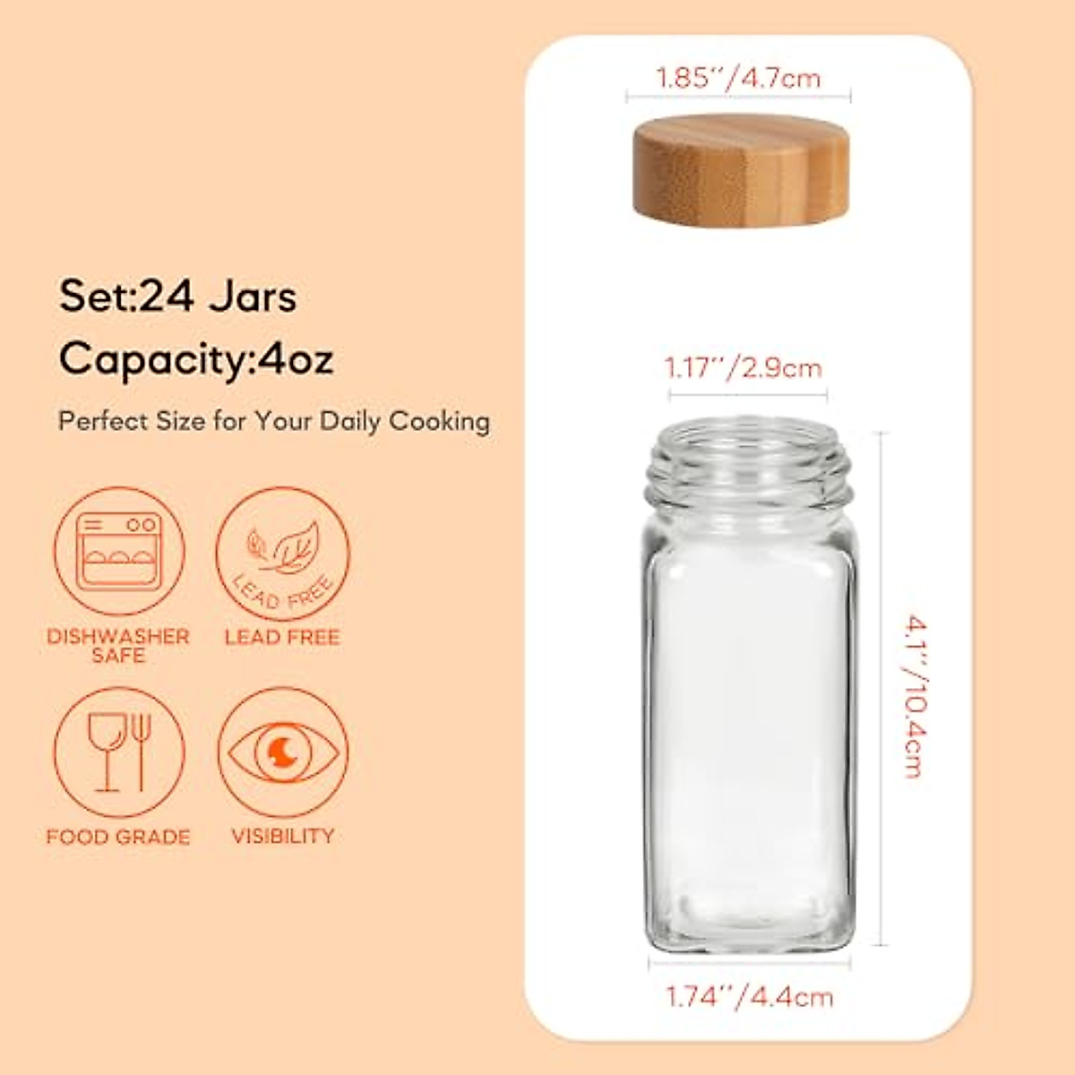 SZUAH 24pcs 4oz Spice Jars with Bamboo Lids, Spice Jars with Labels, Glass Spice Container with Shaker Lids, Funnel, Chalk Pen and Brush