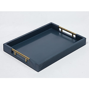 Serving Tray with Polished Metal Handles, 16.5''x12'' Rectangle Coffee Table Tray, Modern Decorative Tray, Large Ottoman Tray, Perfect for Storage and Display (Blue)