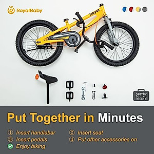 Royalbaby Freestyle 7 Kids Bike 18 Inch Wheel Dual Handbrakes Bicycle Beginners Boys Girls Ages 5-8 Years, Kickstand and Water Bottle Included, Yellow