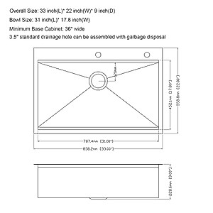 HERCATE 33" x 22" Drop in Kitchen Sink, 304T Stainless Steel Sink, Drop in Workstation Sink, Topmount Single Bowl Kitchen Sink with Integrated Ledge